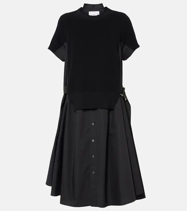 Sacai Striped Jersey And Poplin Shirt Dress - Black