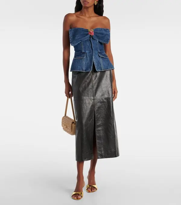 SELF-PORTRAIT Embellished Strapless Denim Top
