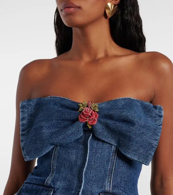 SELF-PORTRAIT Embellished Strapless Denim Top
