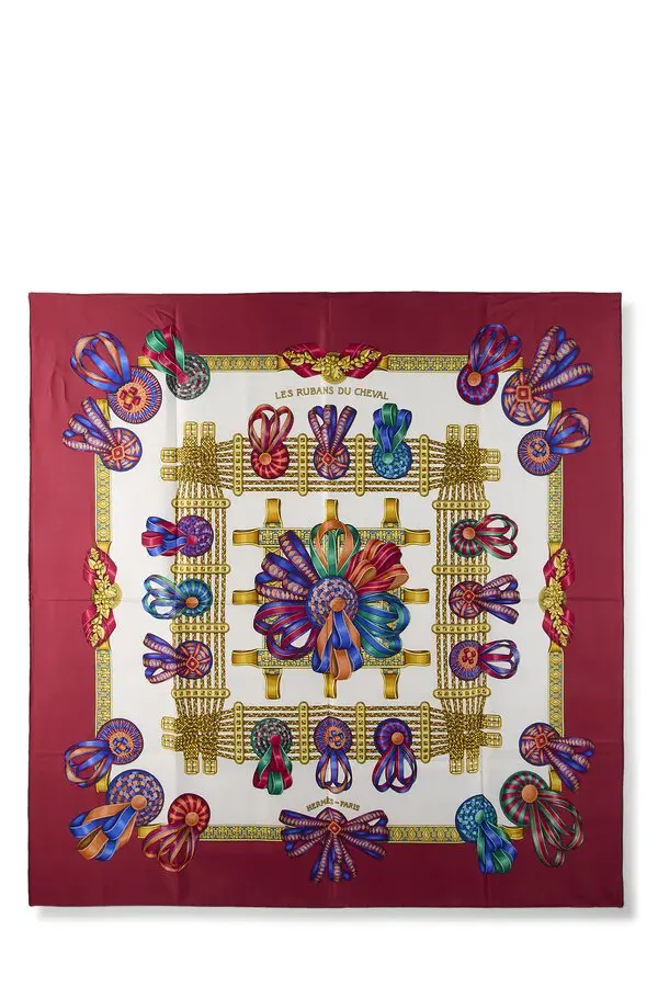 Hermès Multicolor 'les Rubans Du Cheval' Silk Scarf 90 - Burgundy