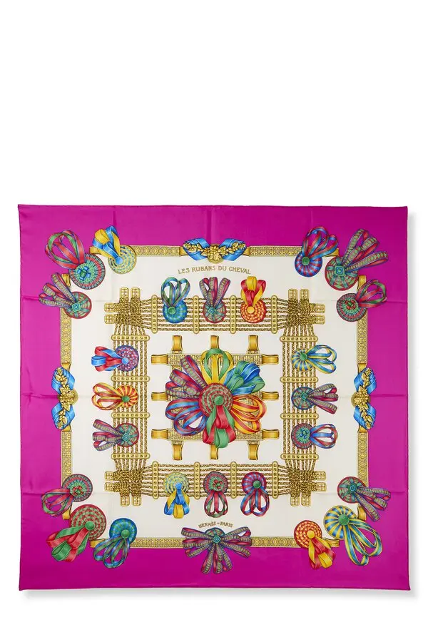 Hermès Multicolor 'les Rubans Du Cheval' Silk Scarf 90 - Pink