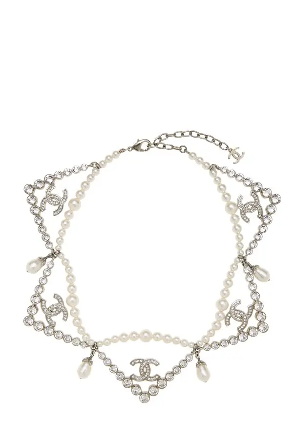 Chanel Faux Pearl & Crystal 'cc' Necklace - Silver