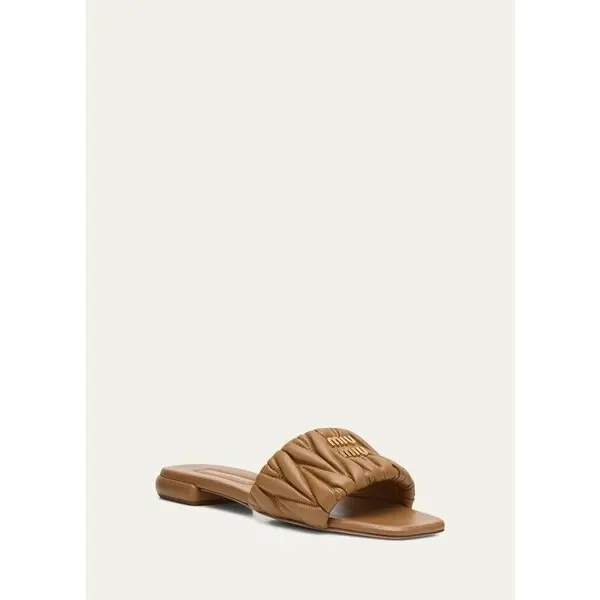Miu Miu Quilted Leather Flat Slides - Camel