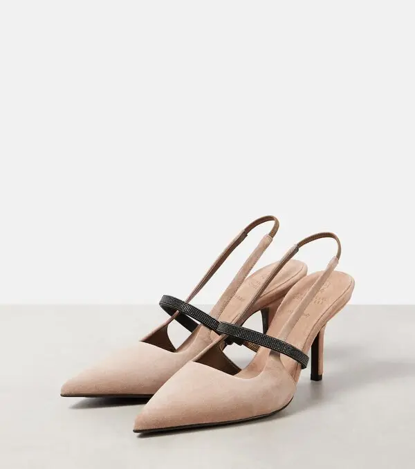 Brunello Cucinelli Monili Suede Slingback Pumps