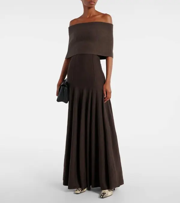 Khaite Ava Off-shoulder Wool-blend Maxi Dress - Brown