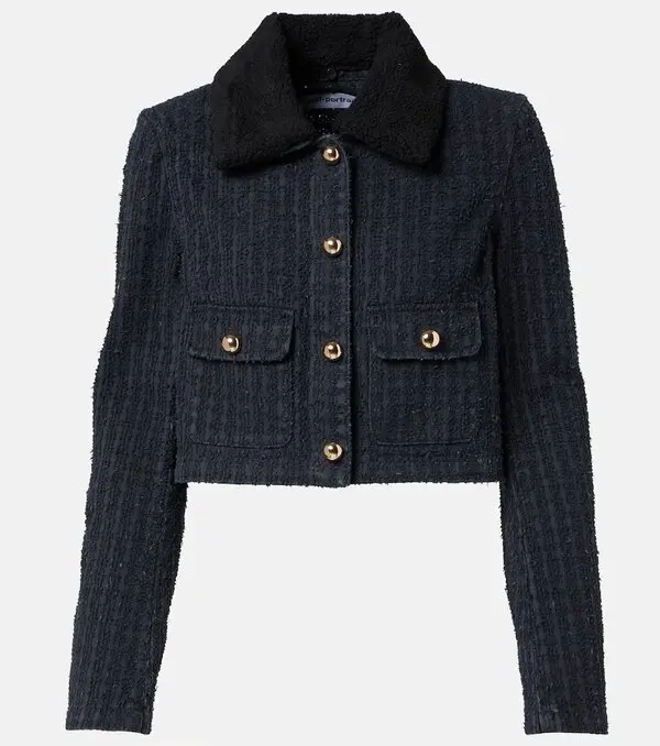 SELF-PORTRAIT Embellished Cropped Denim Jacket - Grey