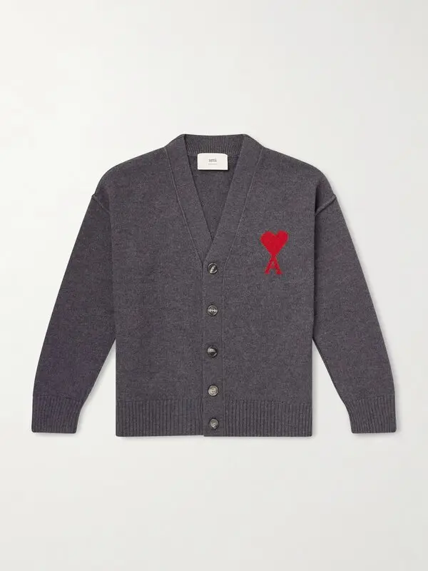 AMI Paris Logo-intarsia Merino Wool Cardigan - Gray