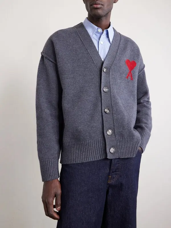 AMI Paris Logo-intarsia Merino Wool Cardigan - Gray