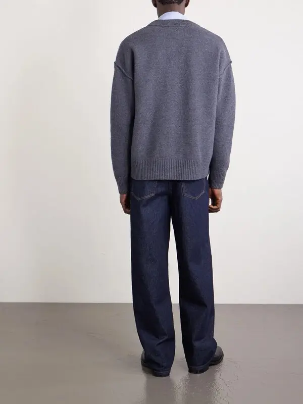 AMI Paris Logo-intarsia Merino Wool Cardigan - Gray