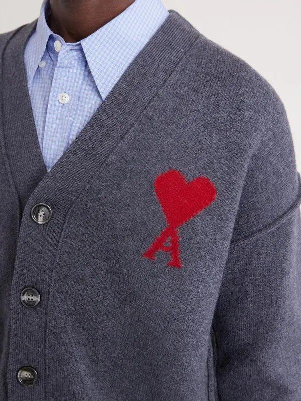 AMI Paris Logo-intarsia Merino Wool Cardigan - Gray