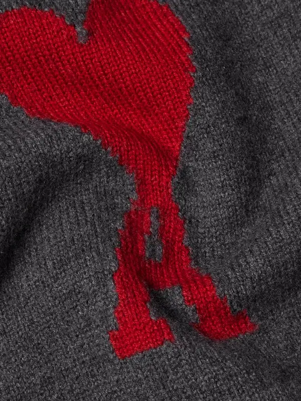 AMI Paris Logo-intarsia Merino Wool Cardigan - Gray