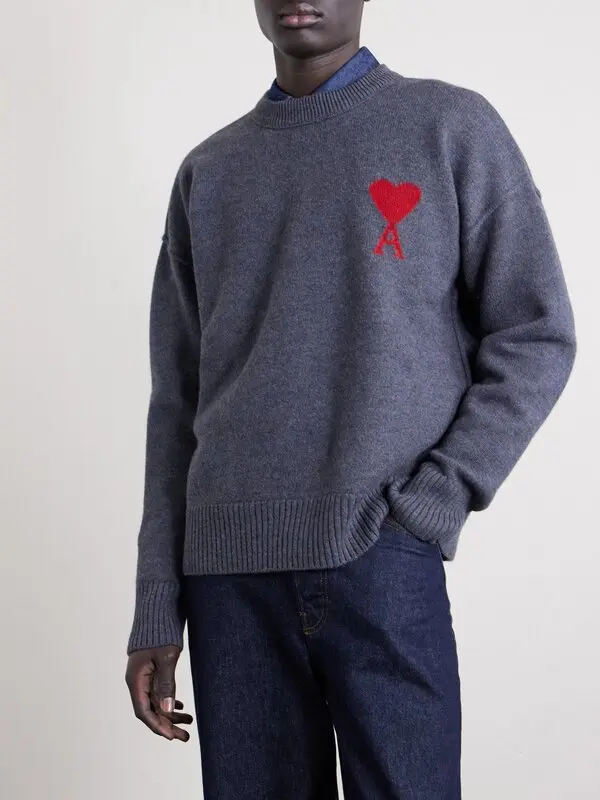 AMI Paris Adc Logo-intarsia Virgin Wool Sweater - Gray