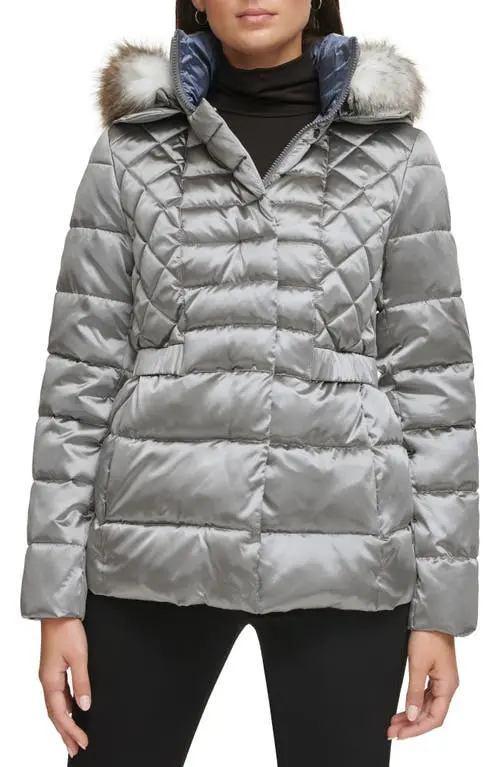 KENNETH COLE Mixed Puffer Jacket With Faux Fur Trim - Gunmetal
