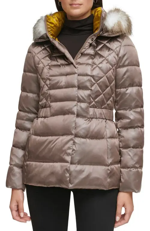 KENNETH COLE Mixed Puffer Jacket With Faux Fur Trim - Taupe