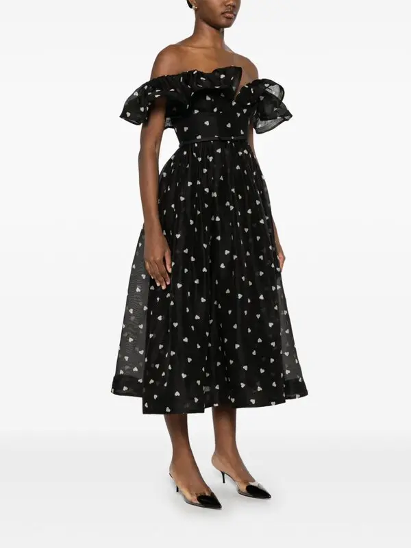zimmermann frilled midi dress Zimmermann Crush Frilled Midi // Size 3 // Hire $250 This dress is what  fashion dreams are made of with its black and white love heart print,  cinched waist, full skirt, flounced