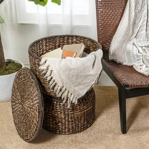 HAPPIMESS Bhola Hourglass Handwoven Hyacinth Storage Accent Table With Lid - Brown Wash
