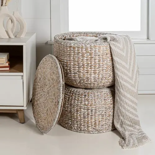 HAPPIMESS Bhola Hourglass Handwoven Hyacinth Storage Accent Table With Lid - White Wash