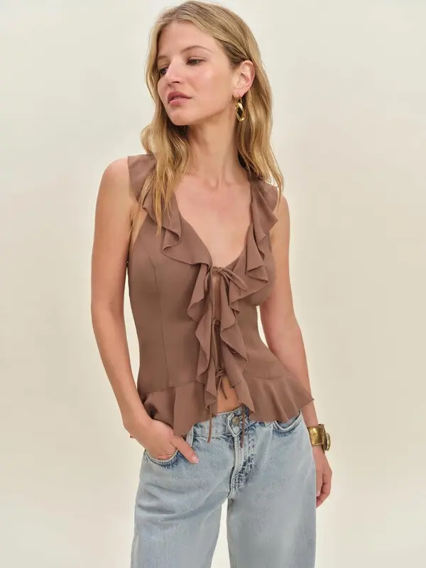 REFORMATION Paulette Top Sleeveless V-neck With Front Ties And Ruffle Trim