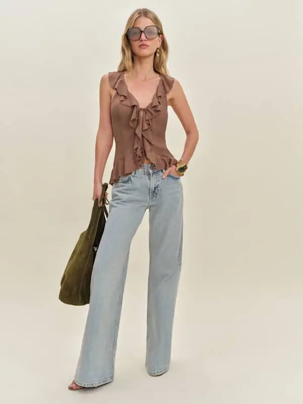 REFORMATION Paulette Top Sleeveless V-neck With Front Ties And Ruffle Trim