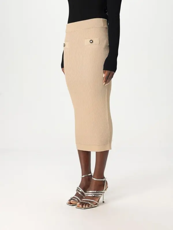 Balmain Ribbed Knit Midi Skirt With Button Details - Nude