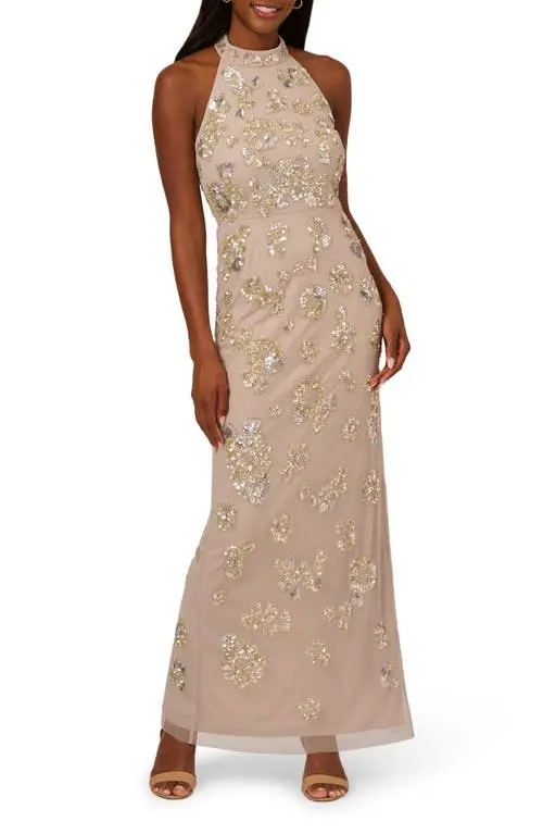 Adrianna Papell Sequin Floral High Neck Gown In Marble - 70% Off
