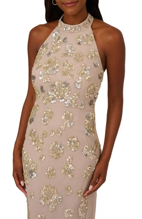 Adrianna Papell Sequin Floral High Neck Gown In Marble - 70% Off |  Editorialist