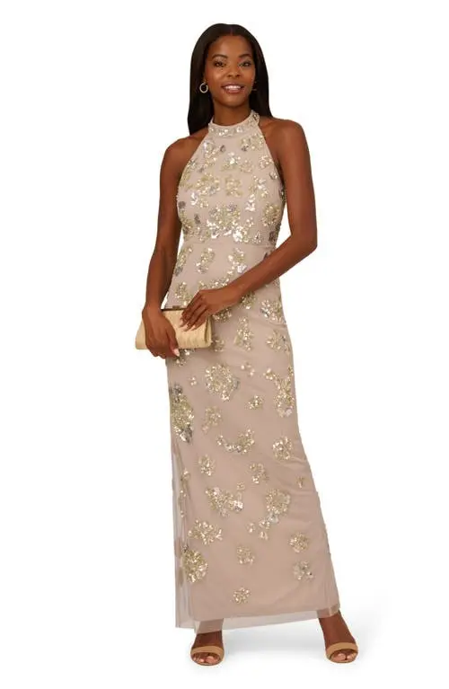 slim fit dress slacks Mac Duggal Women's Beaded V-Neck Column Gown - Silver main image 1