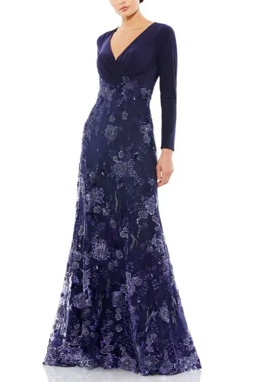 Mac Duggal Embellished Long Sleeve Wrap Trumpet Gown