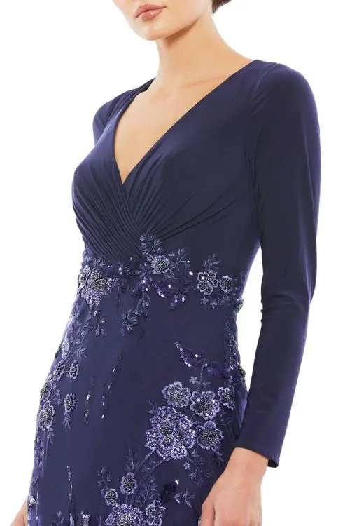 Mac Duggal Embellished Long Sleeve Wrap Trumpet Gown