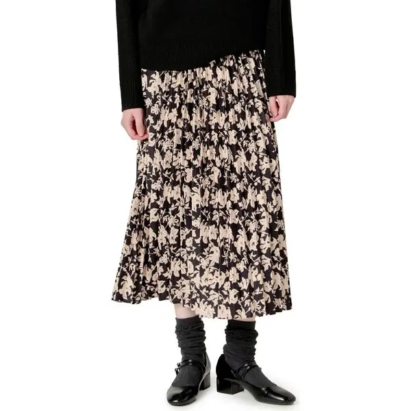 English Factory Floral Print Pleated Midi Skirt - Black Multi
