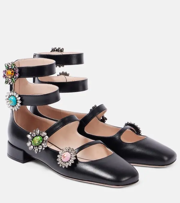 Valentino Garavani Embellished Leather Square Toe Flats - Black