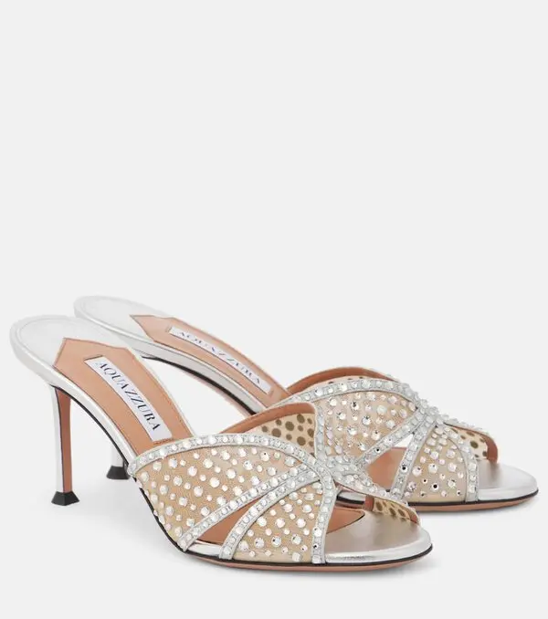 AQUAZZURA Crystal Lover 75 Mules - Silver
