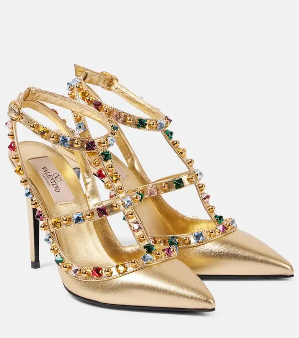 Valentino Garavani Rockstud 100 Embellished Leather Pumps - Gold