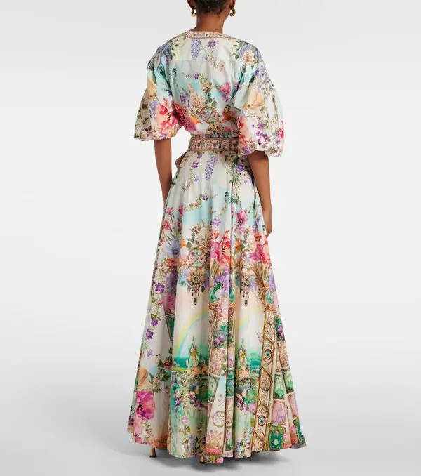 Camilla Tie-front Puff-sleeve Crop Top - Multicoloured