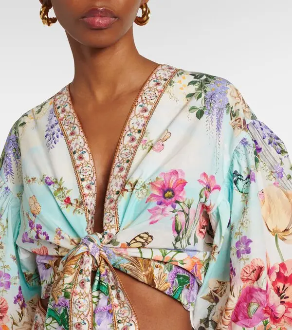 Camilla Tie-front Puff-sleeve Crop Top - Multicoloured