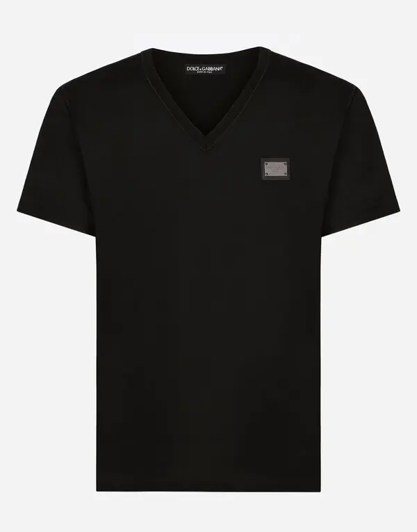 Dolce & Gabbana Cotton V-neck T-shirt With Branded Tag - Black