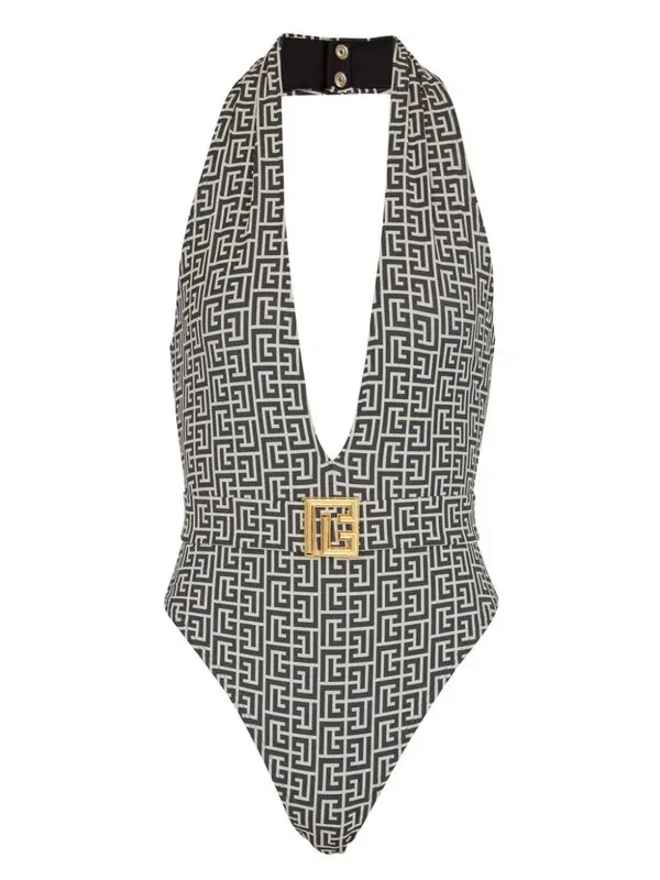 Balmain Labyrinth-print Swimsuit - Grey