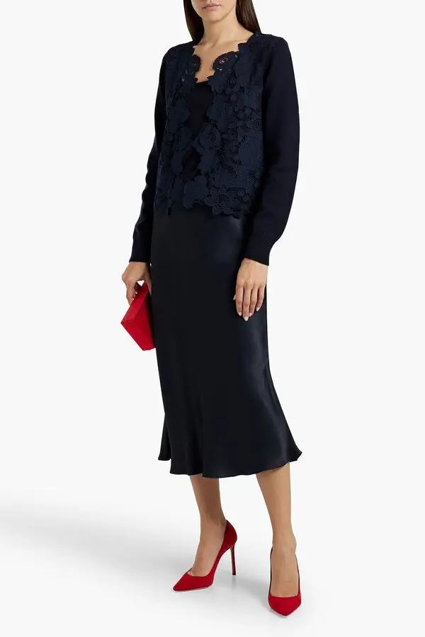 Oscar De La Renta Guipure Lace-paneled Wool Cardigan