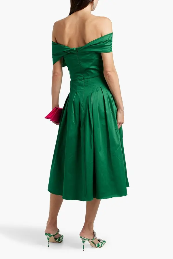 Oscar De La Renta Off-The-Shoulder Silk-Blend Twill Midi Dress In Green -  75% Off | Editorialist