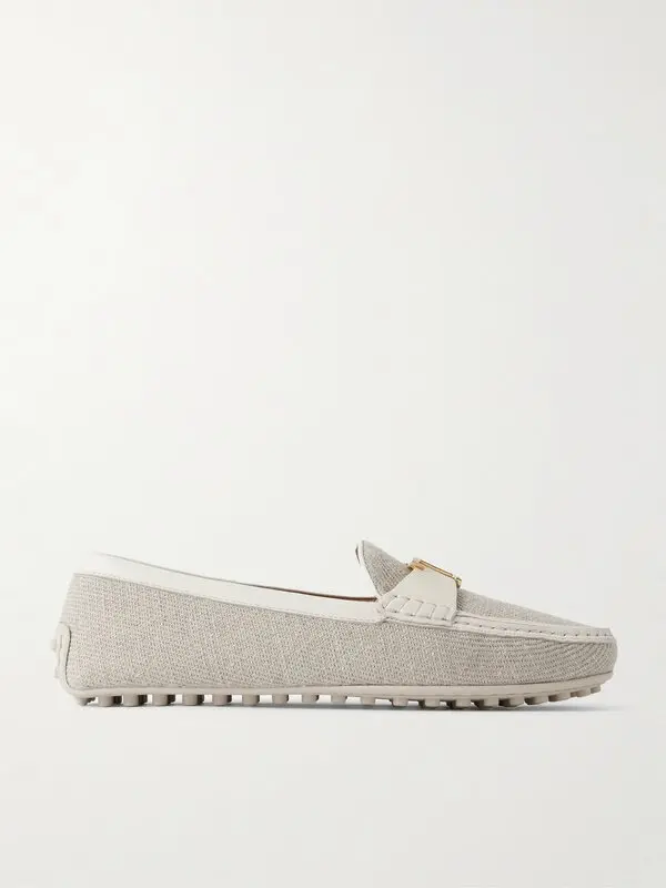 TOD'S Leather-trimmed Raffia Loafers - Gray