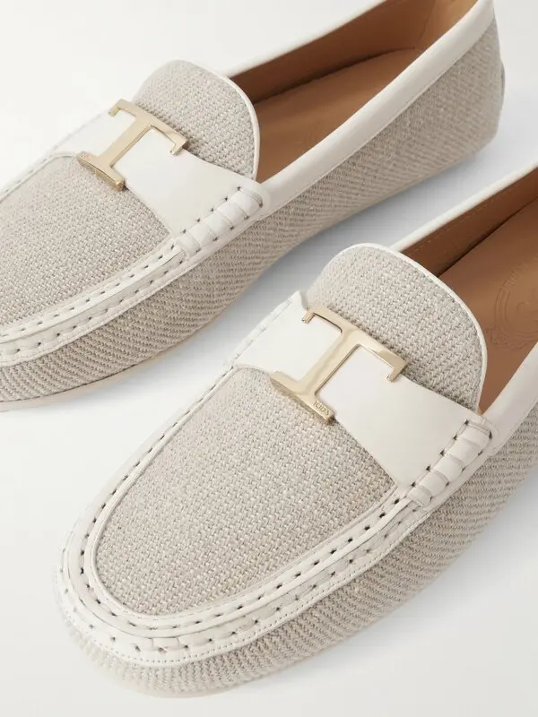 TOD'S Leather-trimmed Raffia Loafers - Gray