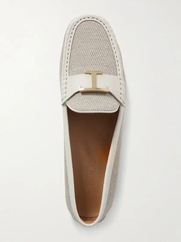 TOD'S Leather-trimmed Raffia Loafers - Gray