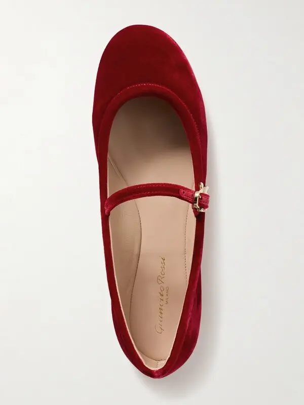 GIANVITO ROSSI Carla Velvet Mary Jane Ballet Flats - Red