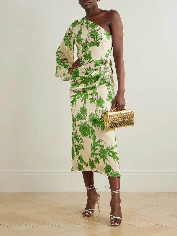 green satin floral midi dress Satin Floral Asymmetric Midi Dress | Asymmetrical main image 1