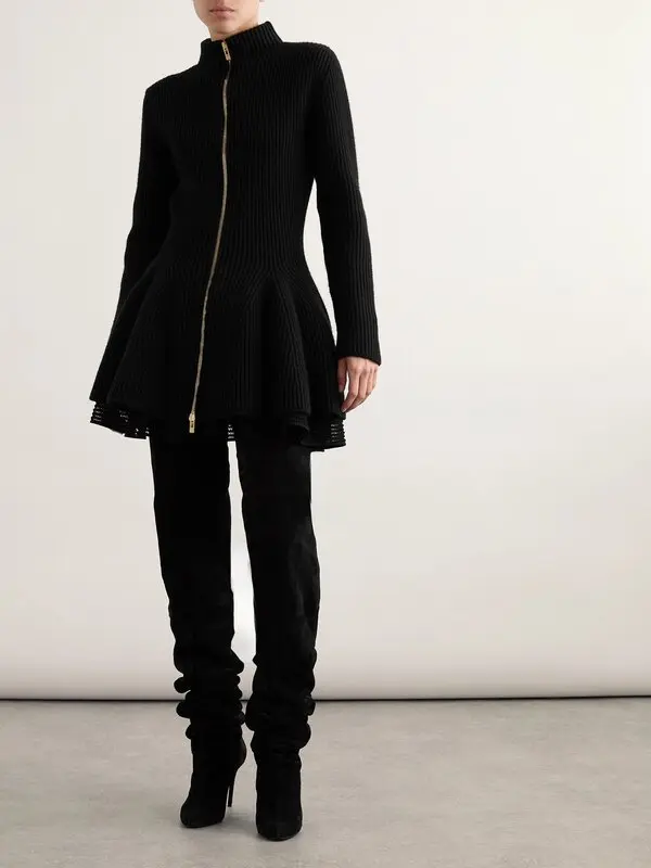 Alaïa Ribbed Wool And Cashmere-blend Peplum Cardigan - Black