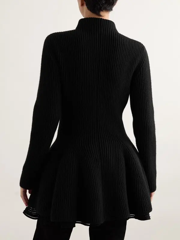 Alaïa Ribbed Wool And Cashmere-blend Peplum Cardigan - Black