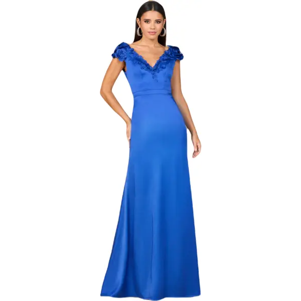 LARA NEW YORK V-neck Satin Backed Crepe Gown - Royal Blue
