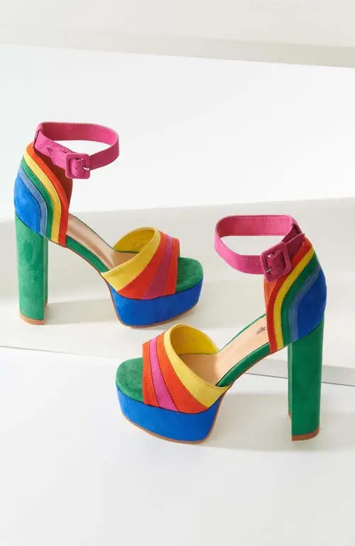 Unique Vintage Peep Toe Platform Pumps - Rainbow Stripes