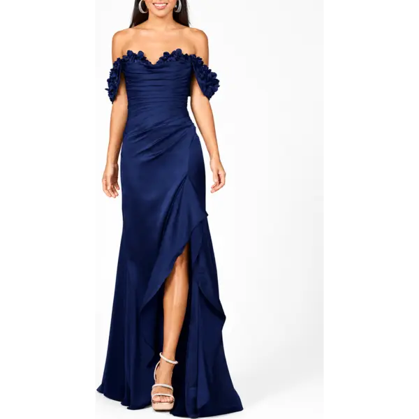 LARA NEW YORK Off Shoulder Crepe Gown - Navy