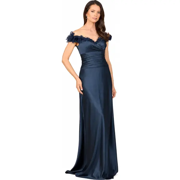 LARA NEW YORK Off Shoulder Satin Gown - Navy